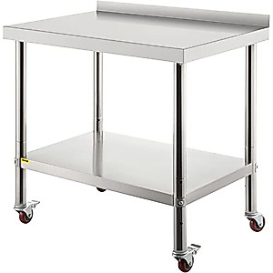 VEVOR Stainless Steel Prep Table, 24 x 15 x 35 Inch, 440lbs Load Capacity Heavy Duty Metal Worktable with Backsplash Adjustable Undershelf & 4 Casters, Commercial Workstation for Kitchen Restaurant