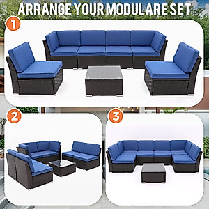 TiuBroe 7 Pieces Patio Furniture Sets, Outdoor PE Rattan Sectional Sofa Conversation Set, All Weather Conversation Set w/6 Seat Cushions and 1 Coffee Table (Dark Blue)