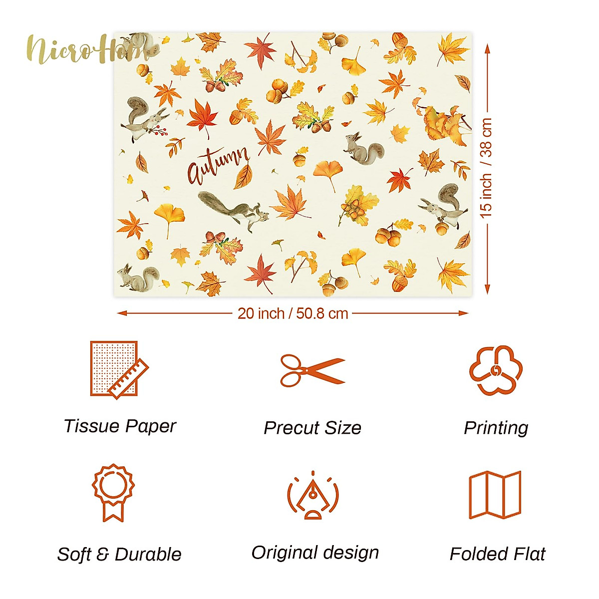 NICROHOME 24 Sheets Gold Orange Fall Colored Tissue Paper, Yellow Autumn Thanksgiving Wrapping Paper for Pumpkin Gift Bags Packaging Crafts Wedding Baby Bridal Shower Birthday Decorations（15 x 20Inch）