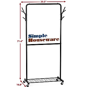 Simple Houseware Double Rod Garment Rack With Wheels and Hooks, Black