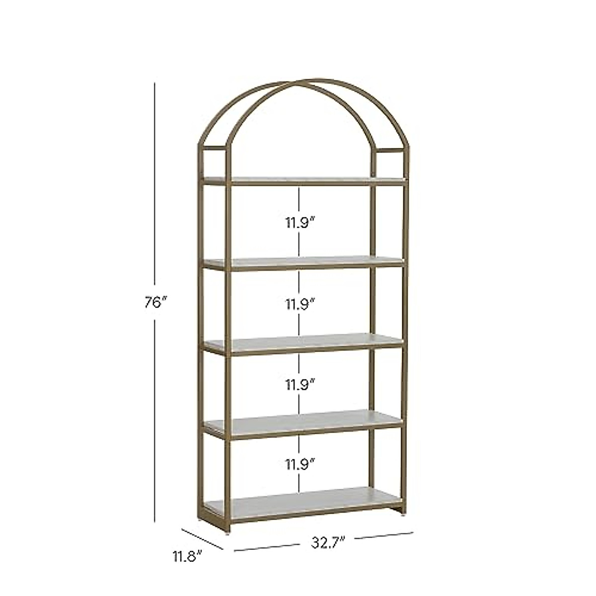 Nathan James Haven Etagere Bookshelf, 5-Shelf Faux Marble Bookcase in White Faux Marble Finish and Gold Metal Frame with Arch Top and Open Shelves, White/Gold, Set of 2
