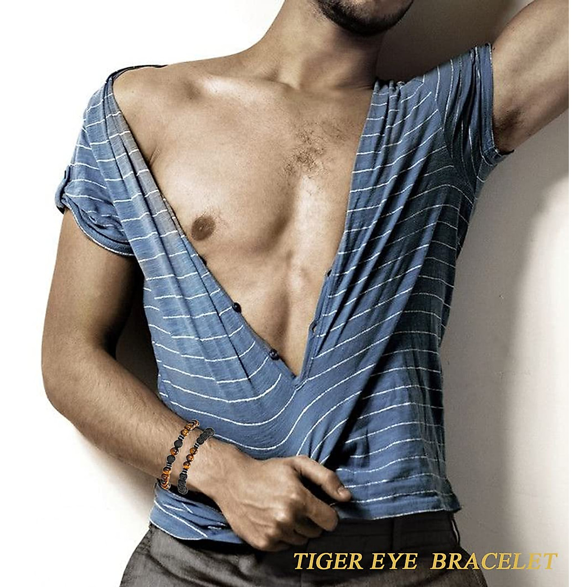 MOZAKA 12Pcs 8mm Natural Stone Lava Rock Beaded Bracelets for Men Women Tiger Eye Hematite Black Onyx Matte Beads Essential Oil Diffuser Lava Stone Bead Bracelets Bulk (12Pcs-B)