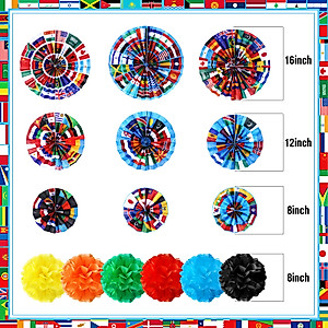 Outus 21 Pcs International World Flags Classroom Decorations Around The World Hanging Paper Fans Sport Party Tissue Paper Pom Poms for Garland Ceilings School Office Party Supplies (Flag Style)