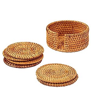 Artera Handmade Natural Rattan Coasters - Round Straw Woven Trivet for Teacup, Wicker Heat Resistant Plate Pad for Hot Pots and Pans, Non-Slip 6 Piece Coaster Set with Holder