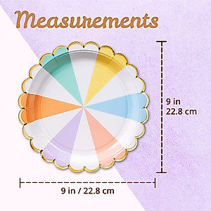 Confettiville Party Paper Plates, 50-Pack, Disposable Paper Plates, Gold Foil Scalloped Edge, Striped Pastel, 9-Inch