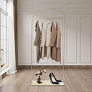 Gold Clothing Rack, Modern Standard Rod Garment Rack with Base, Heavy-duty Dress Display Rack Freestanding for Boutiques, Can Hang Jacket Garment, Hat, Scarf, Organize Shoes