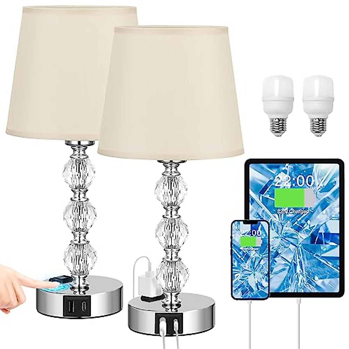 Acaxin Bedside Lamps for Bedrooms Set of 2 Nightstand- Crystal Table Lamps with USB C+A Ports & AC Outlet for Charging, 3 Way Dimmable Touch Silver Small Bed Side Lamp for Living Room/Guest Room