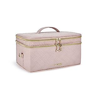 BAGSMART Large Makeup Bag, Double Layer Cosmetic Bag Travel Makeup Case Organizer with Shoulder Strap for Cosmetics Makeup Brushes Toiletries Travel Accessories (Medium, Pink)