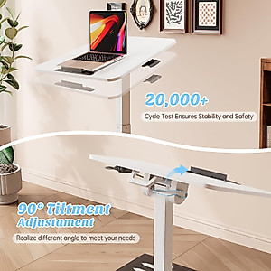 Joy Seeker Foldable Mobile Standing Desk, Pneumatic Height Adjustable and Tilt Rolling Sit Stand Desk, 90° Tiltable Portable Laptop Desk Cart on Wheels White Workstation for Home Office, Easy to Fold