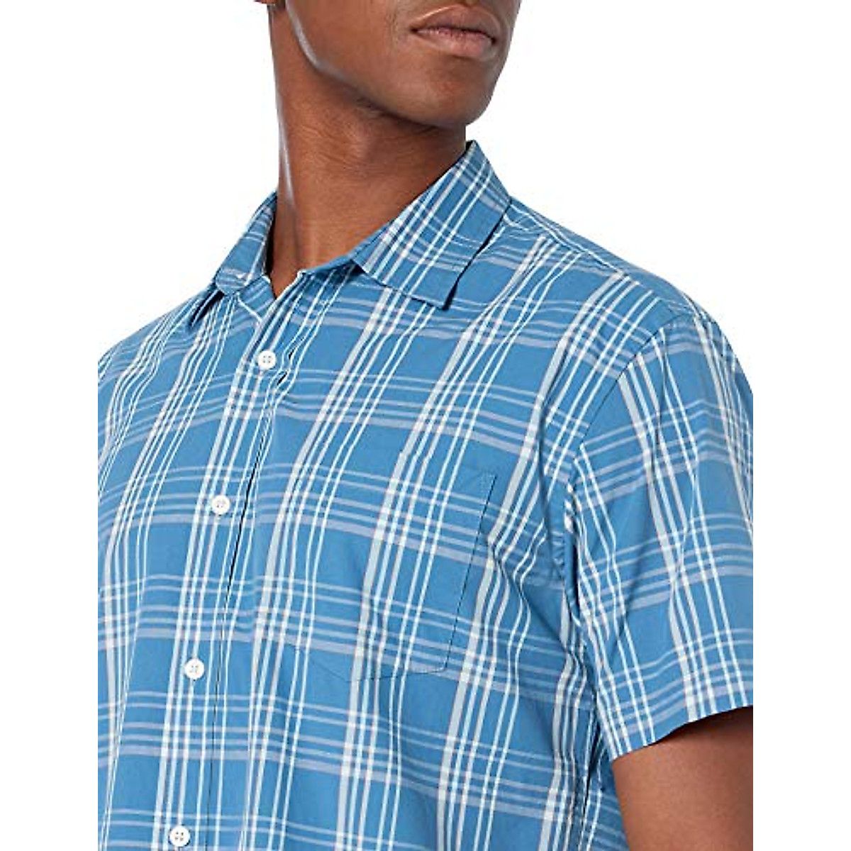 Amazon Essentials Men's Regular-Fit Short-Sleeve Poplin Shirt, Aqua Blue Checked, Large