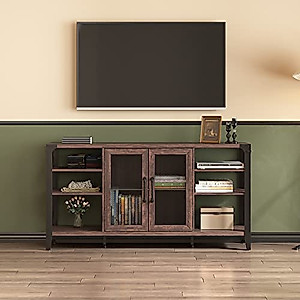 Vabches Wine Bar Cabinet for Liquor & Glasses, Farmhouse Coffee with LED Strip, Home Living Room Dining Room, Sideboard Buffet Storage, 58 in(L), Dark Brown (D8L235BR02)