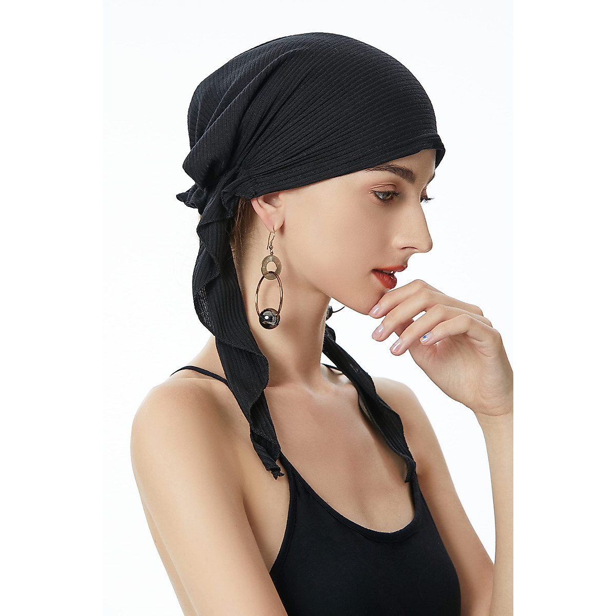 ZLYC Chemo Headwear Pre Tied Head Scarf Headwraps Lightweight Turban Beanie Cap for Women (Solid Black)