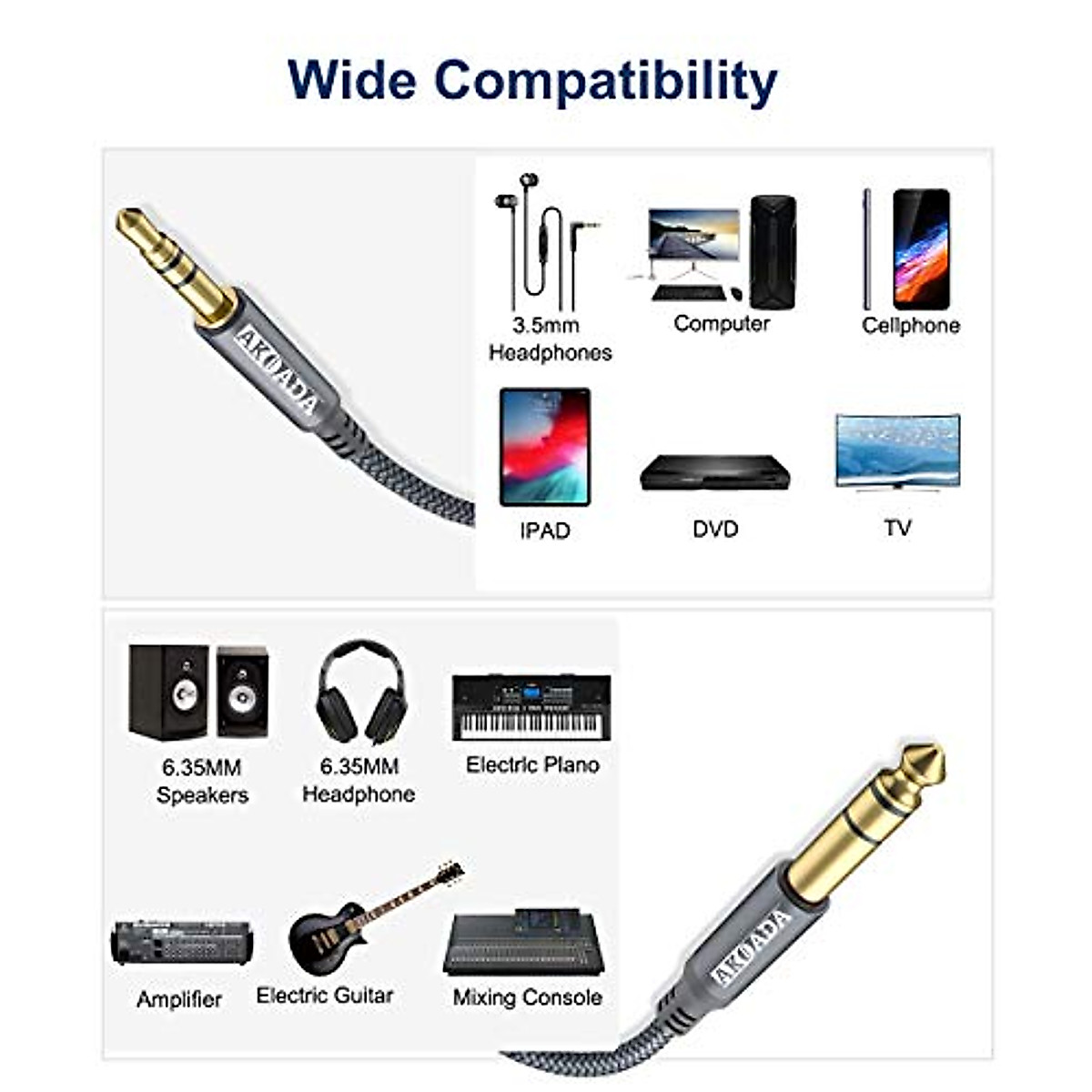 AkoaDa 1/4 to 1/8 Cable Stereo Audio Cable 【10ft】6.35mm 1/4" Male to 3.5mm 1/8" Male TRS Bidirectional Stereo Audio Cable Jack for Guitar, iPod, Laptop, Home Theater Devices, Amplifiers(Grey)