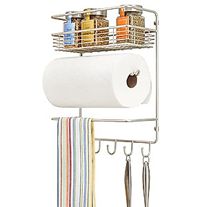 mDesign Metal Wall Mount Paper Towel Holder with Storage Shelf and Hooks for Kitchen, Pantry, Laundry, Garage Organization - Holds Spices, Seasonings, Pot Holders, Cookware - Satin