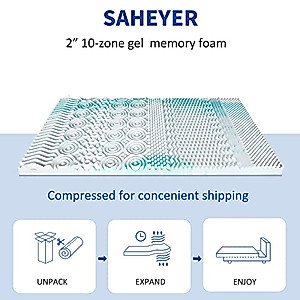 SAHEYER 2 Inch Queen Mattress Topper, 10-Zones Memory Foam Mattress Topper, Gel Infused Cooling Mattress Topper for Back Pain, Ergonomic Design Skin-Friendly, CertiPUR-US Certified Bed Topper