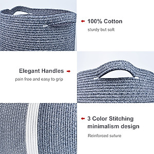 BOSROTY Large Blanket Basket, Tall Laundry Basket 72L, Nursery Hamper, Laundry Hamper, Clothes Basket Laundry, Large Storage Basket, Cotton Rope Basket, Toy Basket, 16”x 22”,Blend Navy Blue & White