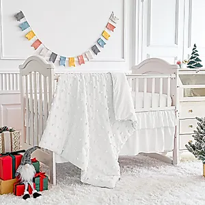 White Crib Bedding Set Tufted Dots Jacquard Baby Comforter with Fitted Sheet and Bed Skirt - Cute Embroidery Boho Shabby Chic Soft Blanket Pom Pom Tufts 3pc Crib Bed Set