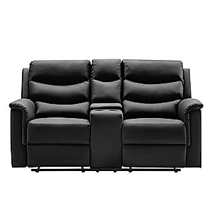FANYE Faux Leather Upholstered Manual Motion Reclining Loveseat Sofa Couch with Cup Holders and 2 Recliner Chaises,PU Wall Hugger Sofa & Couch for Home Theater Apartment RV Living Room