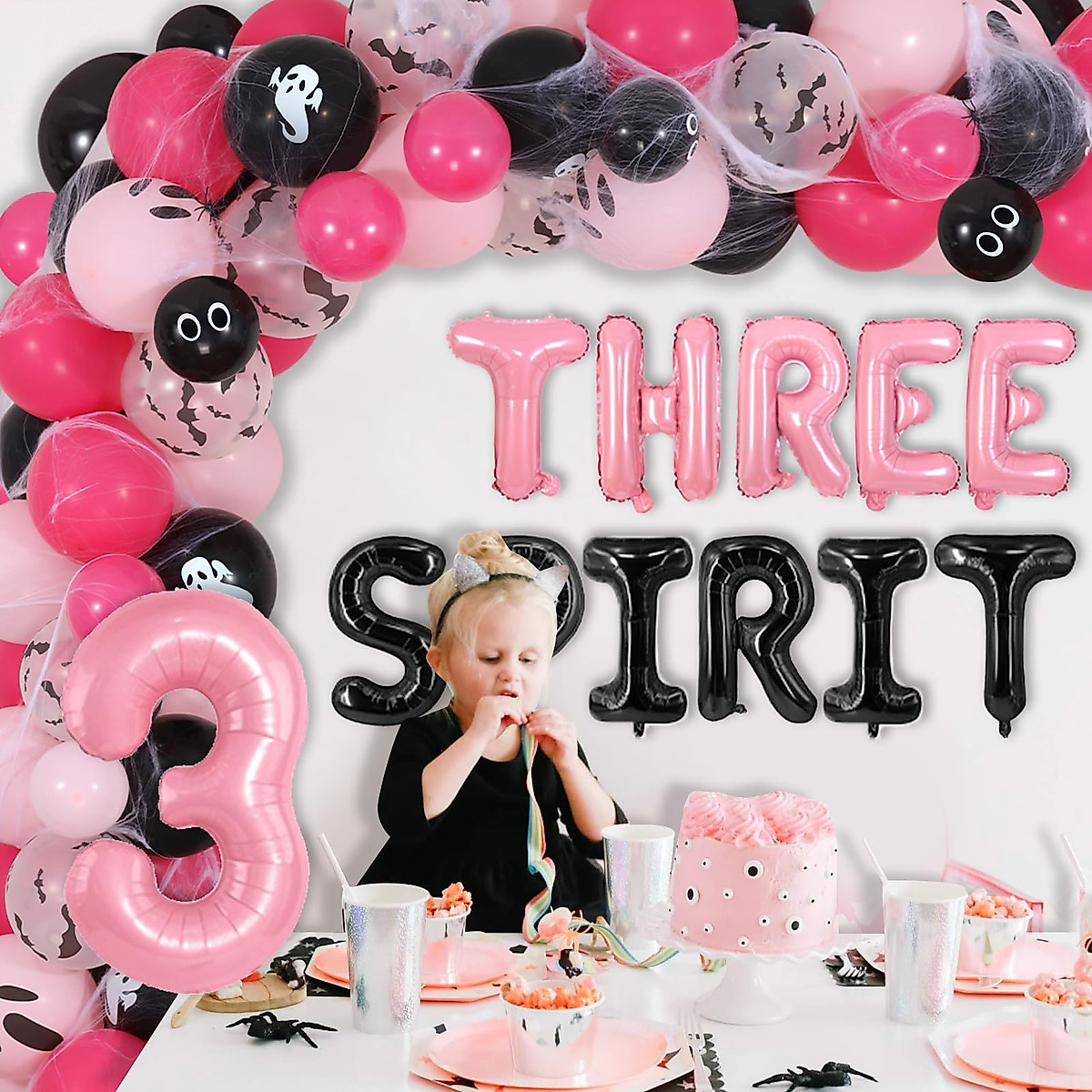 Halloween 3rd Birthday Party Decorations - Three Spirit Black Hot Pink Balloon Garland Kit with Spider Cotton, Number 3 Ghost Bat Foil Balloon Spider 3D Sticker for 3rd Birthday Halloween Decorations