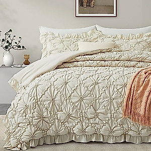 BEDAZZLED Comforter Set King Size, Pinch Pleat Exquisite Bedding, Bed in a Bag with Ruffled Shams All-Season Down-Alternative, Beige(102"*88")