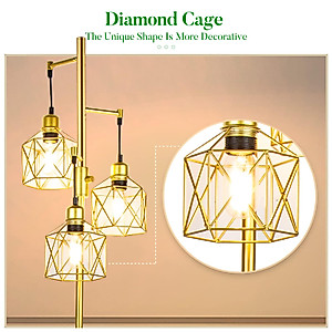 Decorative Gold Floor Lamp,3-Light Farmhouse Floor Lamps for Living Room with Smooth Dimmable ( Adjust Brightness Nightlight ), Modern Style Standing Tall Lamp of Diamond Cage - Bulb Included