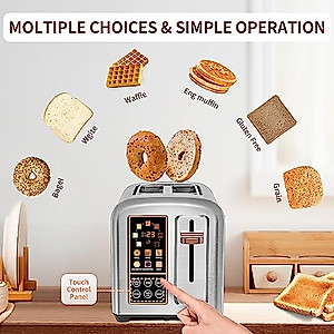 SEEDEEM 2 Slice Toaster, Stainless Steel Bread Toaster with Touch LCD Display, 1.4'' Extra Wide Slots Toaster with 4 Basic+More Timer Functions, Removable Crumb Tray, 1350W, Silver Metallic