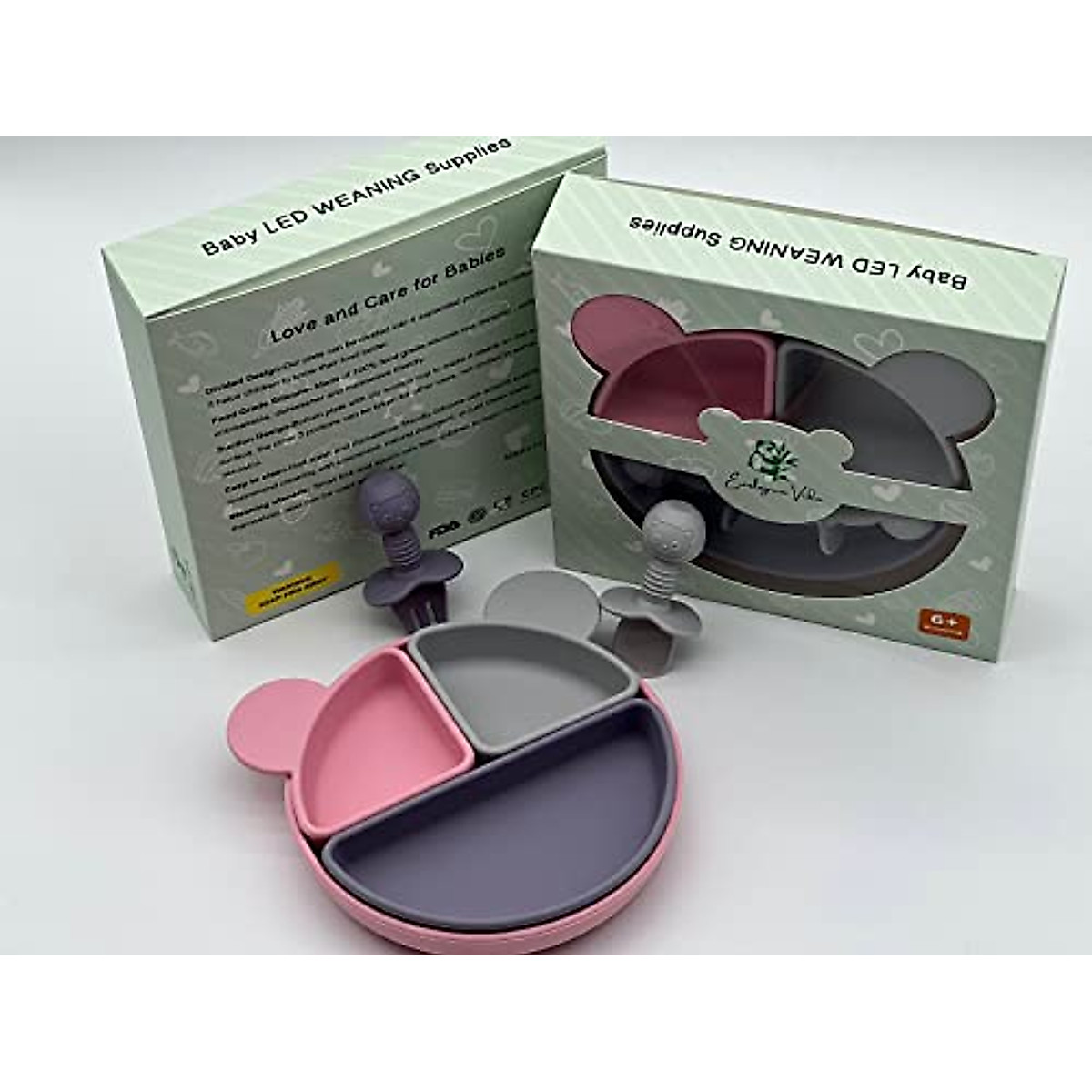 MIX COLOR SILICON BABY FEEDING SET, BABY EATING SUPPLIES, BABY LED WEANING SUPPLIES (Pink Grey Purple)