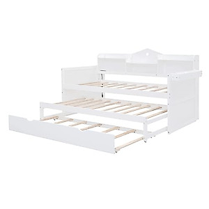 Linuque Twin Size Daybed with 2 Twin Trundles and Storage Shelf, Wooden Sofa Bed Frame with USB Charging Ports, No Box-Spring Needed, White