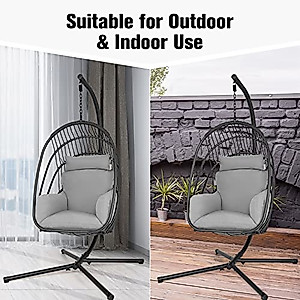 Giantex Egg Chair Hammock Stand - Hanging Swing with Stand, Folding Swinging Chair with Soft Cushion & Pillow, Wicker Rattan Hanging Chair for Bedroom,Garden, Patio Foldable Hammock Chair (Grey)