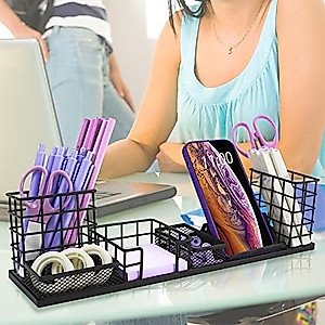 HMXLJJY Pen Holder for Desk,Desk organizer with pen holder,Desk Office Accessories with Sticky Notes Tray,Paper Clip Holder,Phone Stand, DIY Desktop Organization Caddy for Office Home School (Black)