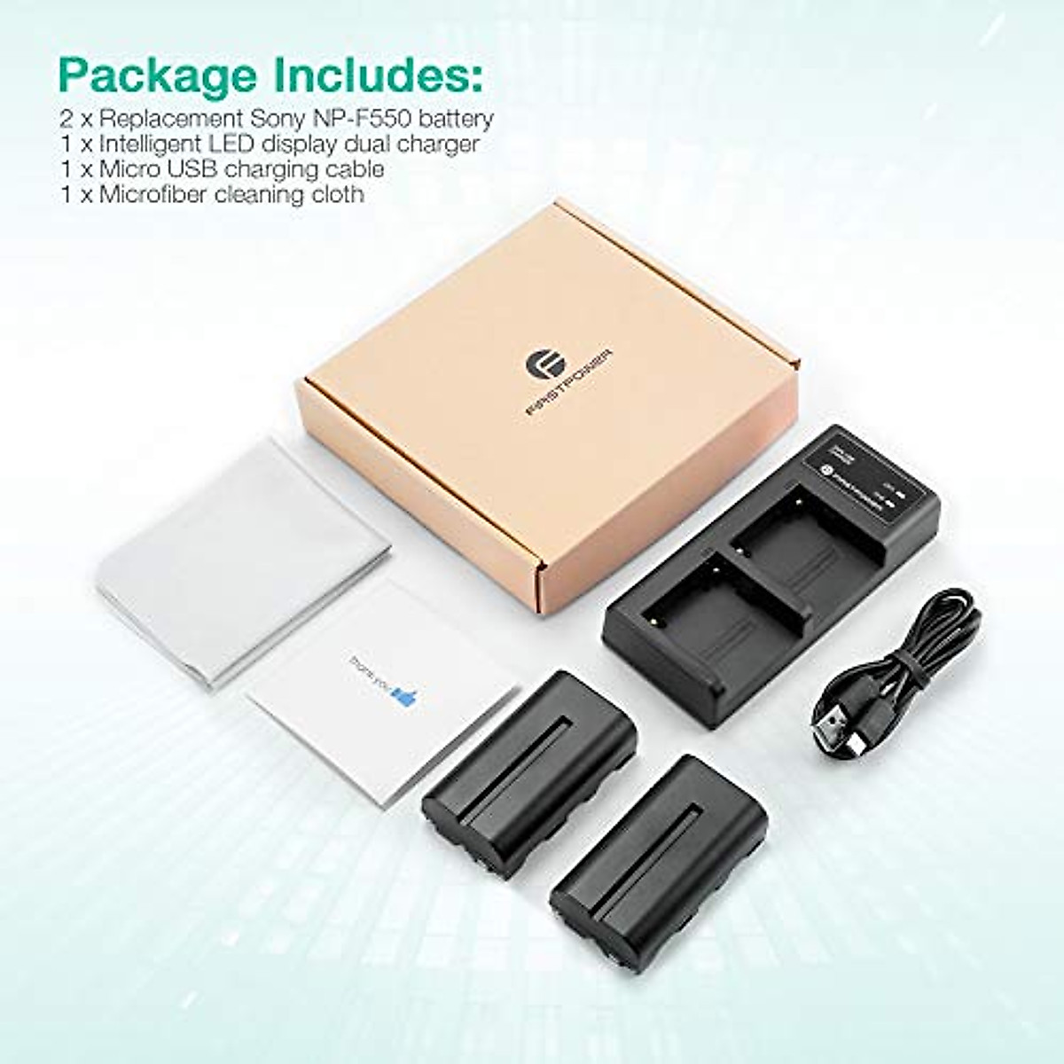 FirstPower NP-F550 Battery 2-Pack and USB Dual Slot Charger Compatible with Sony NP F570, F550, F530, F970, F960, F770, F750, F330, CCD-SC55, TR516, TR716, TR818, TR910, TR917