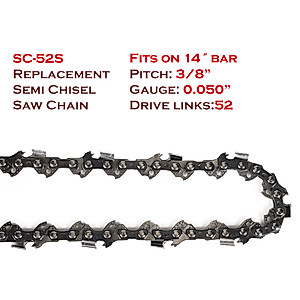 Reliable Replacement SC-S52 14-Inch Semi Chisel Saw Chain, Pitch: 3/8", gauge: .050", drive link count: 52, Compatible for Craftsman Homelite Poulan Remington Ryobi Echo and more