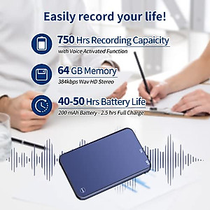 64GB Voice Recorder, Vormooi Voice Activated Recorder with 750 Hours Recording Capacity and 50 Hours Long Battrey Time, Audio Recorder for Lecture Interview Meeting Class