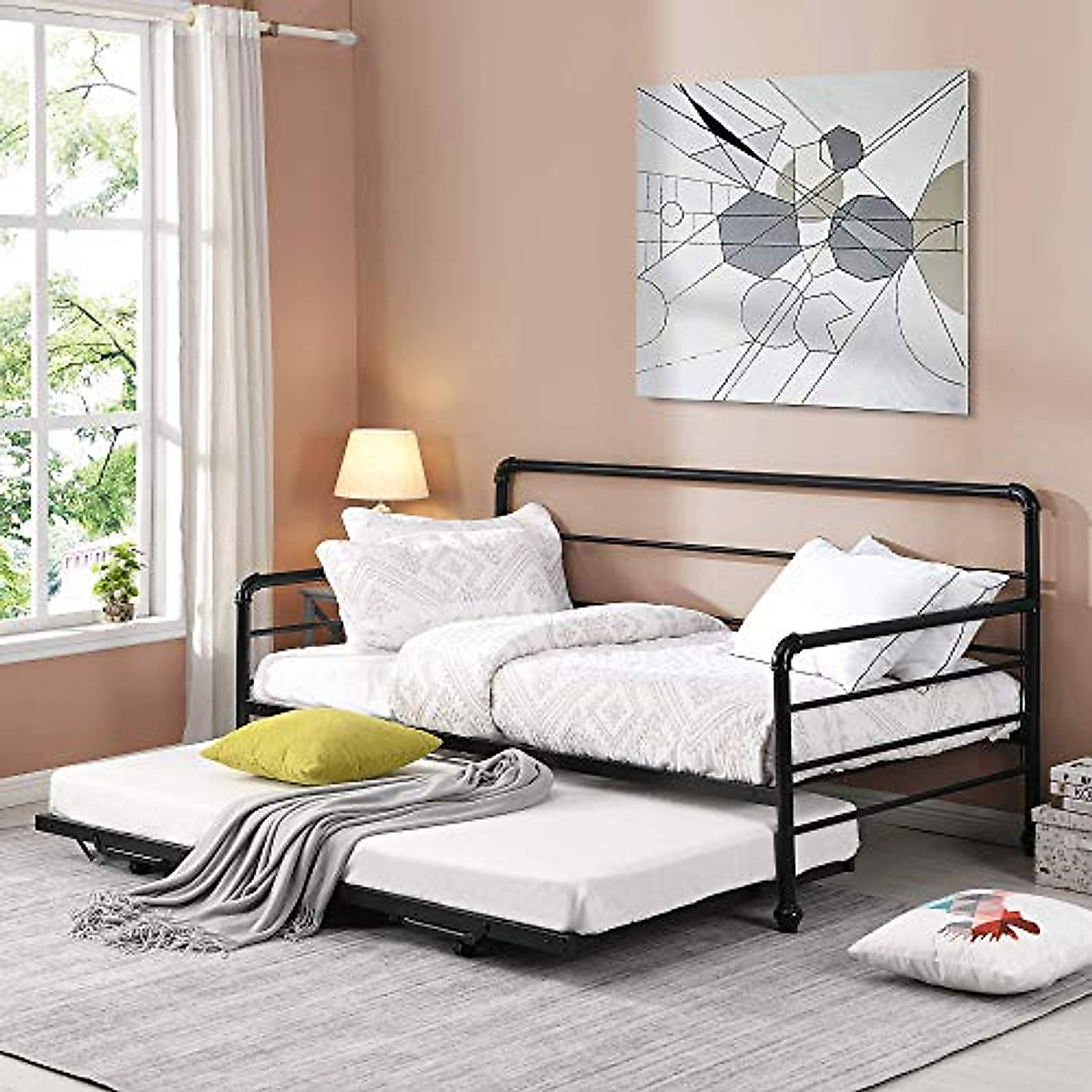 Merax Daybed with Pop Up Trundle, Twin Metal Sofa Bed with Adjustable Trundle Steel Daybed for Bedroom Guest Room,Black