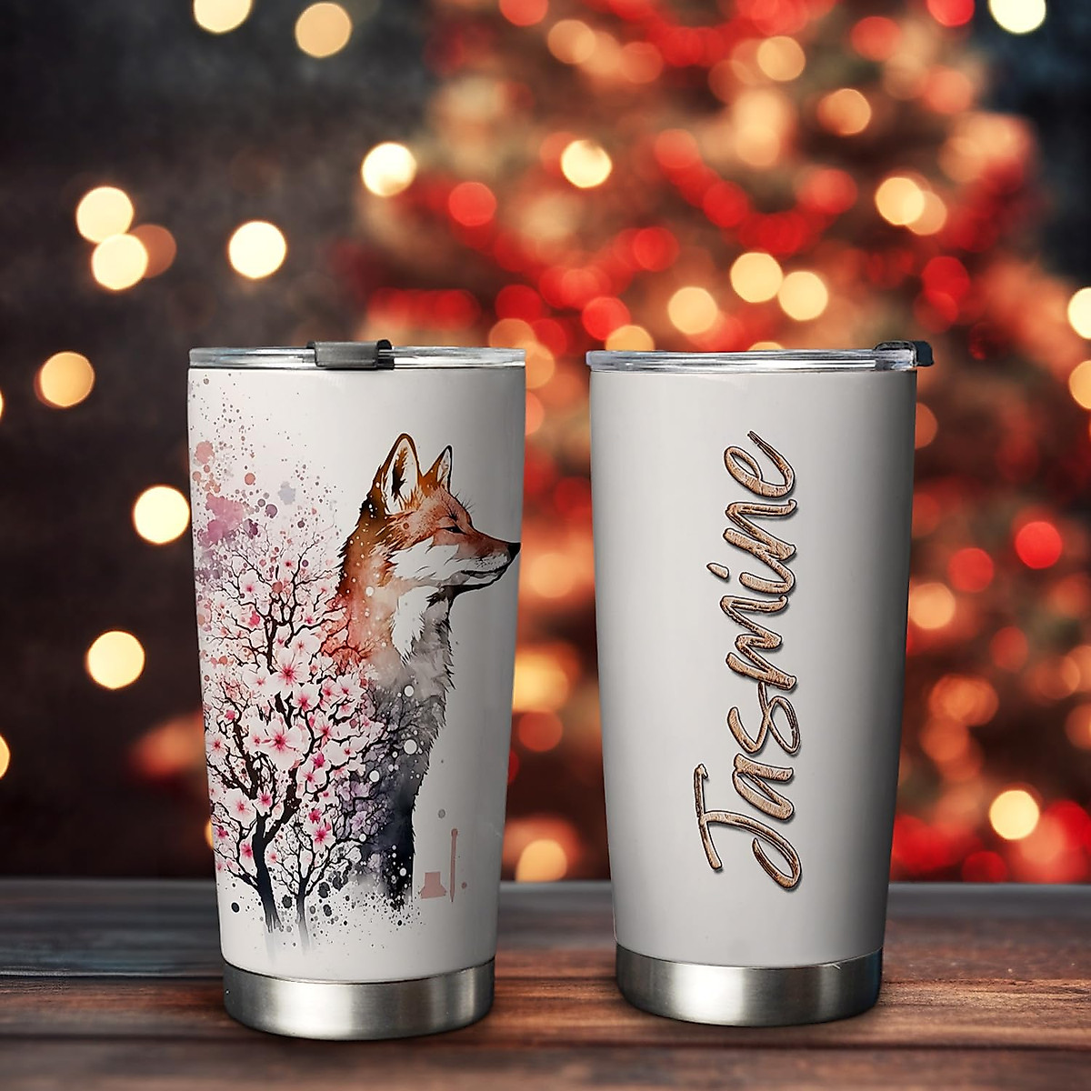 ORCAE Personalized 20oz 30oz Cherry Blossom Fox Tumber, Fox Gifts for Fox Lovers, Coffee Thermos for Women, Fox Tumbler Cup, Stainless Steel Coffee Thermos Insulated Travel Mug with Lid - D