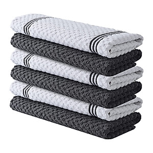 Infinitee Xclusives Kitchen Towels – Pack of 6, 100% Cotton 15x25 Inches Absorbent Dish Towels - 425 GSM Tea Towel, Terry Kitchen Dishcloth Towels + White Washcloths Set – Pack of 12