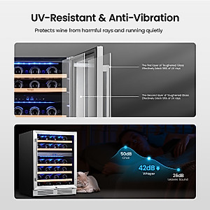 Yeego Wine Fridge & Cooler - 24 Inch Dual Zone Wine Cooler 47 Bottles, 40-65℉ Wine Refrigerator Glass Door with Safety Lock, Built-in, Under Counter or Freestanding Fridge for Home Kitchen(5.12 cu.ft)