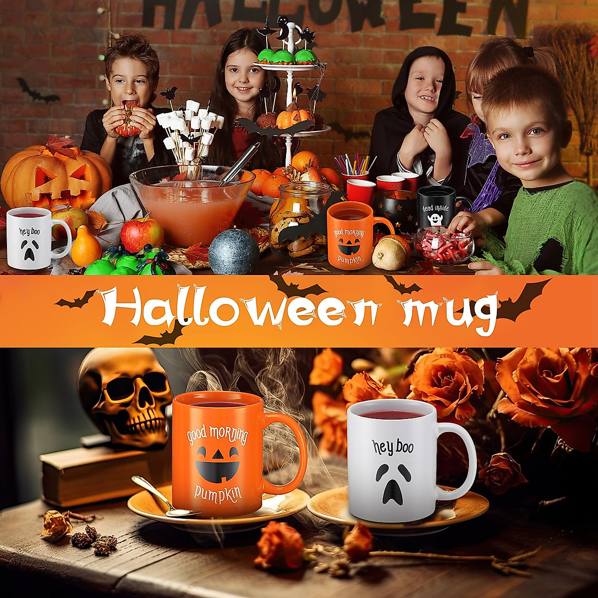 Uiifan 6 Pcs Halloween Mugs 10.8oz Good Morning Pumpkin and Hey Boo Coffee Mugs Good Morning Pumpkin and Hey Boo Ghost Ceramic Matching Mugs for Halloween