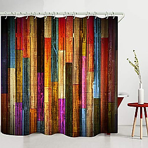 Shower Curtains with Bath Rugs Non-Slip Soft Toilet Lid Cover for Bathroom ,Waterproof Home Tub Curtains Sets with Memory Foam Rugs ,3D Print Durable Polyester Fabric Four-Piece Colored Wood