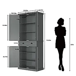 Yusong 72'' Tall Kitchen Pantry Cabinet, Farmhouse Storage Cabinet with 4 Doors, Drawer and Adjustable Shelf, Freestanding Wooden Cupboard Buffet for Dining Room Living Room, Grey