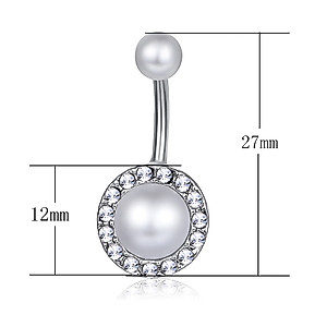 Lenacou Pearl Flower Belly Button Rings 14G Surgical Stainless Steel Navel Barbell Stud Cubic Zirconia Body Piercing (Silver)