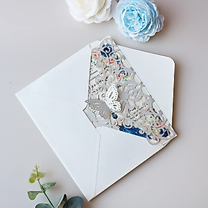 KUCHYNEE 20PCS 5.1x7.3 inch Silver Laser Cut Lace Flora Wedding Invitation Cards with Butterfly and Envelopes for Quinceañera Bridal Shower Wedding Invite (Silver Glitter)