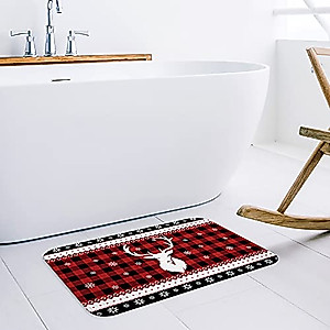Christmas Bath Rugs Elk Deer Reindeer Snowflake Sponge Doormat Absorbent Non Slip Durable Soft Flannel Mat Red Buffalo Plaid Check Christmas Memory Foam Mats for Bathroom Kitchen 20 x 32 inches