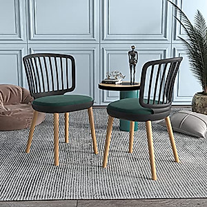 STARWAY Mid Century Modern Dining Chairs Set of 2, Retro Faux Velvet Accent Chair with Solid Wood Legs, Armless Side Chair Leisure Chair for Kitchen, Dining Room & Living Room (Green)