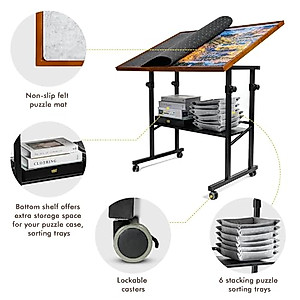 Sunix 1500 Pieces Jigsaw Puzzle Table with Legs, 36"x26" Adjustable Height Puzzle Board with Cover & 6 Sorter Tray, 12-Tilting-Angle Portable Wooden Puzzle Table for Adults