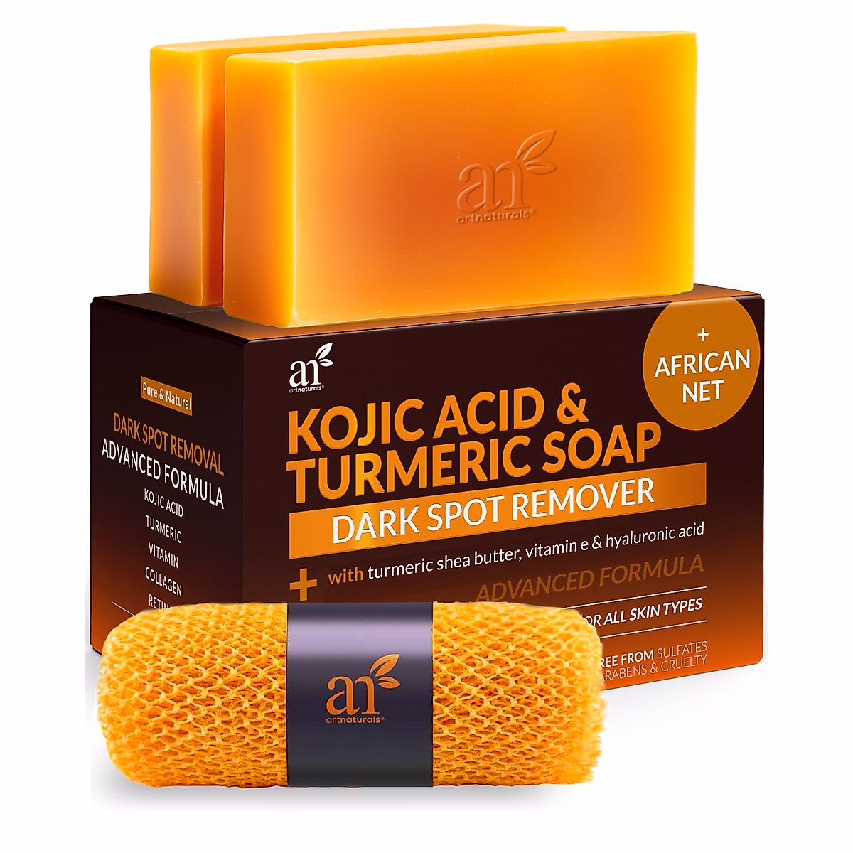Artnaturals Kojic Acid Soap + African Net Sponge (2 pack X 142g Turmeric bars) Dark spot remover & Scars - Original Japanese Complex Vitamin C, Hyaluronic Acid, retinol, shea butter (Citrus)