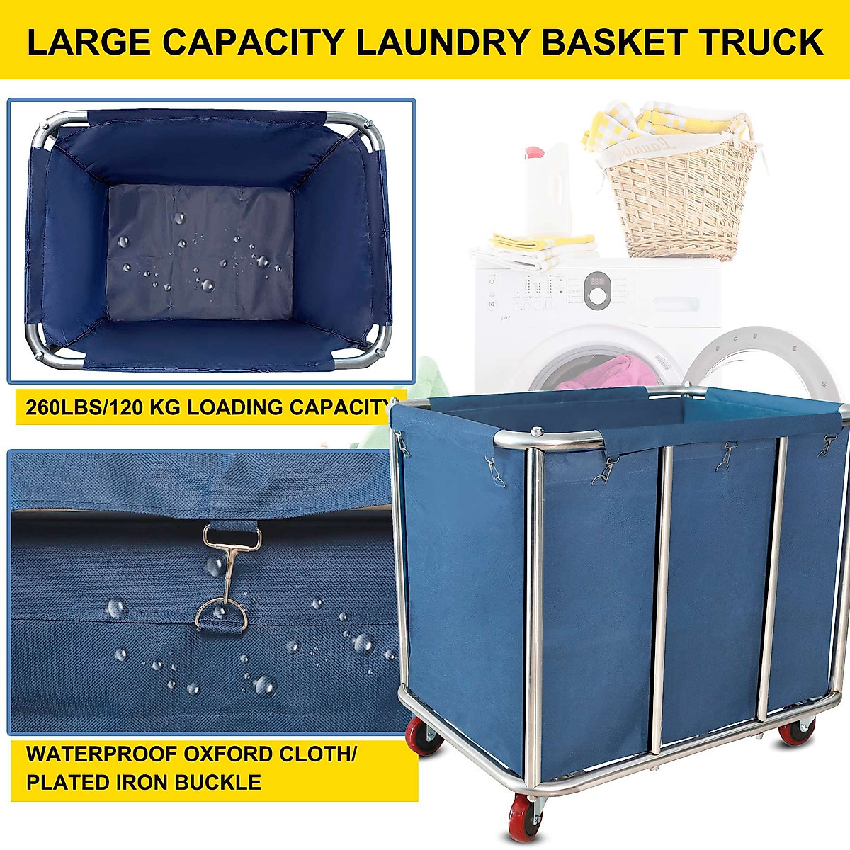 Graywlof Commercial Laundry Cart with Wheels,11.35 Bushel Large Laundry Cart,Heavy Duty Stainless Steel Commercial Laundry Hampers Laundry Basket with Waterproof Lining,260 Lbs Load