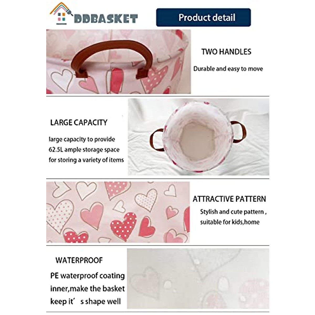 DDBASKET Kids Laundry Basket Baby Hamper Pink Toy Storage Bin Organizer with Handles for Girls,Nursery Hamper(Pink Loves)