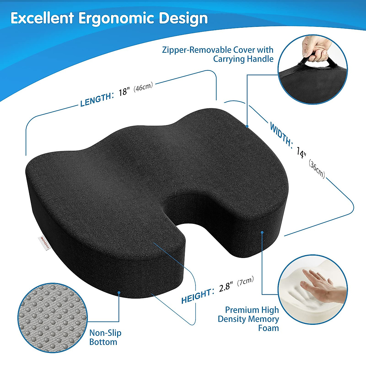 Bomdaia Seat Cushion for Office Chair, Desk Chair Car Seat Cushion for Tailbone Pain, Memory Foam Coccyx Seat Cushion for Sciatica, Back Pain Relief (Black)