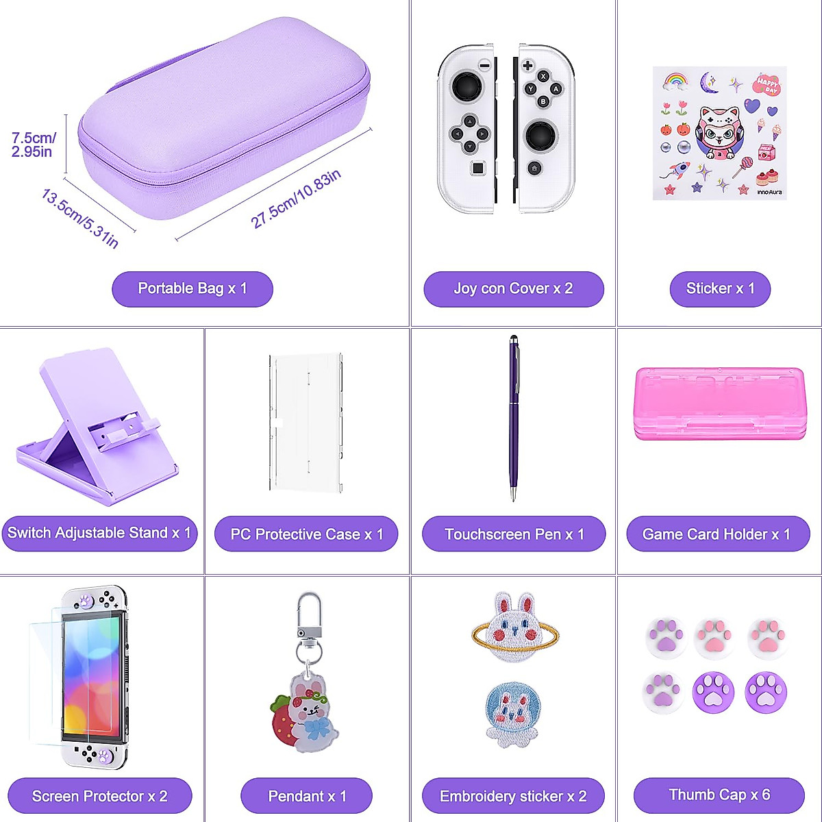 Switch OLED Case- innoAura 19 in 1 Switch Bundle with Switch Case, Switch Game Case, Switch OLED Screen Protector, Switch Stand, Switch Thumb Grips (Purple)